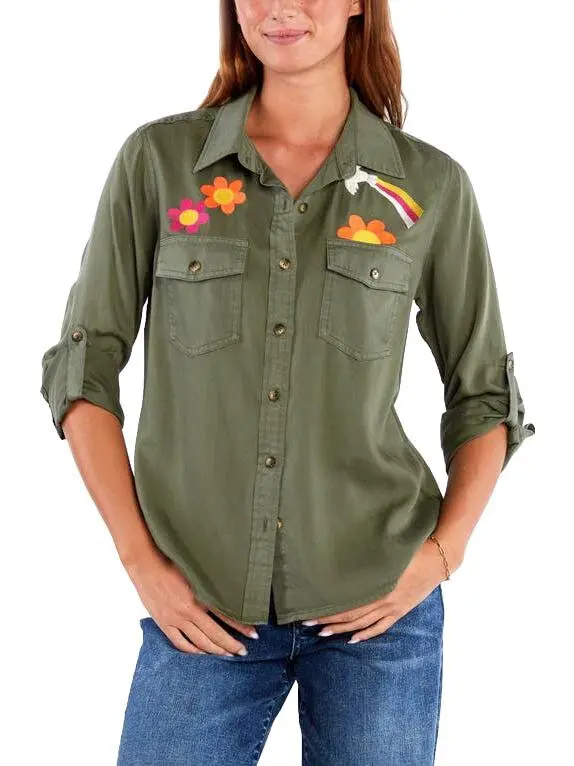 BILLY T Peace & Love Embroidered Shirt - Soft Olive