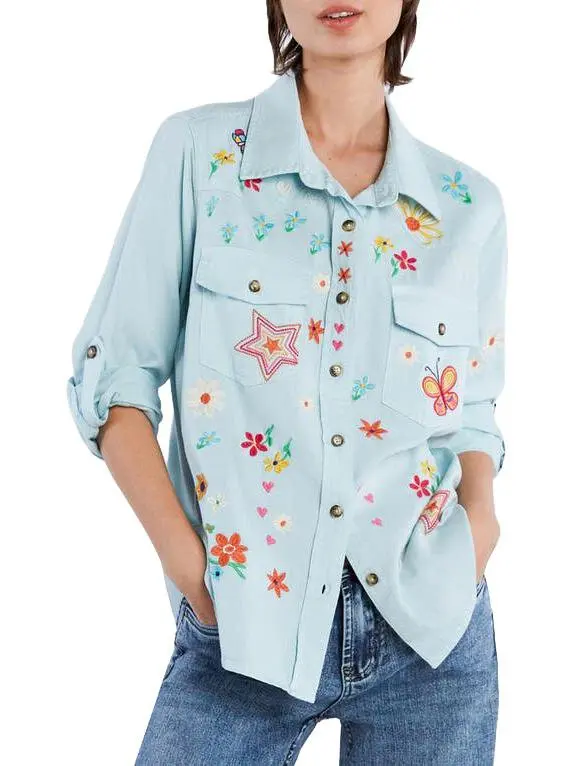BILLY T Sketchbook Embroidered Button-up Shirt - Minty