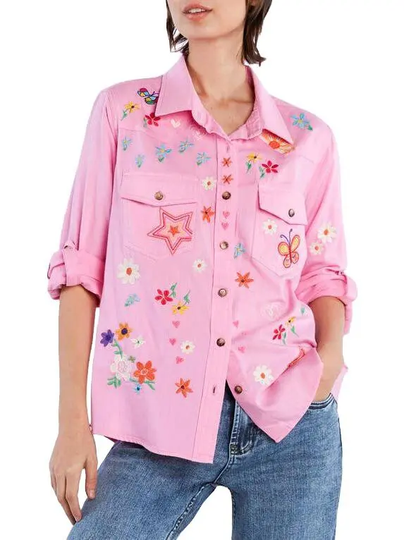 BILLY T Sketchbook Embroidered Button-up Shirt - Perfect Pink