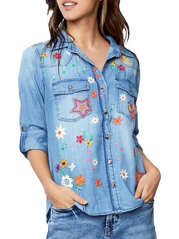 BILLY T Sketchbook Embroidered Button-up Shirt - Vintage Blue