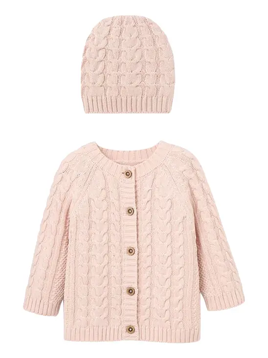 ELEGANT BABY Horseshoe Cable Knit Cotton Cardigan And Hat Set - Pink