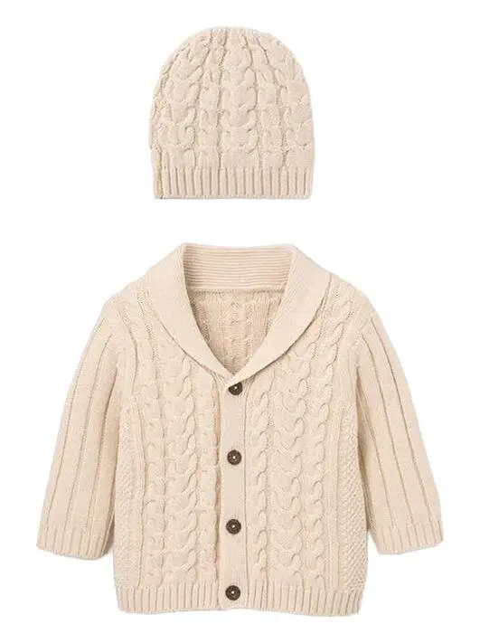 ELEGANT BABY Horseshoe Cable Knit Cotton Cardigan And Hat Set - Rainy Day