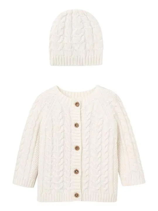 ELEGANT BABY Horseshoe Cable Knit Cotton Cardigan And Hat Set - White