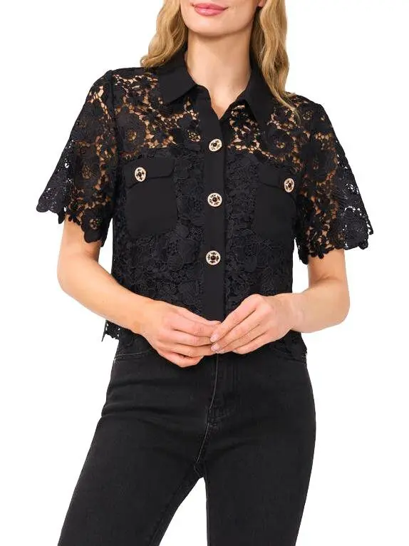 CECE DUPRAZ Floral Lace Button-up Shirt - Rich Black