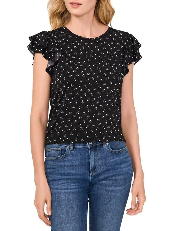 CECE DUPRAZ Floral Ruffle Sleeve Top - Rich Black