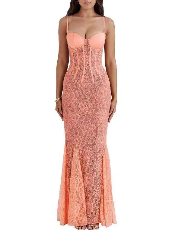 House Of Cb Cordelia Lace Corset Mermaid Gown - Papaya Punch