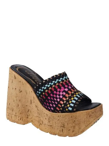 CANDIE'S Nelya Platform Wedge Sandal - Black Raffia