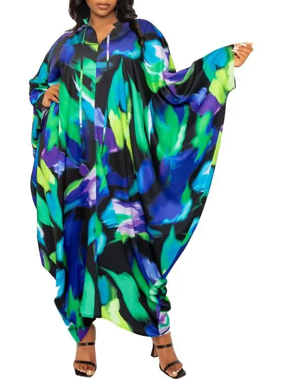 BUXOM COUTURE Abstract Print Long Sleeve Caftan - Blue Multi
