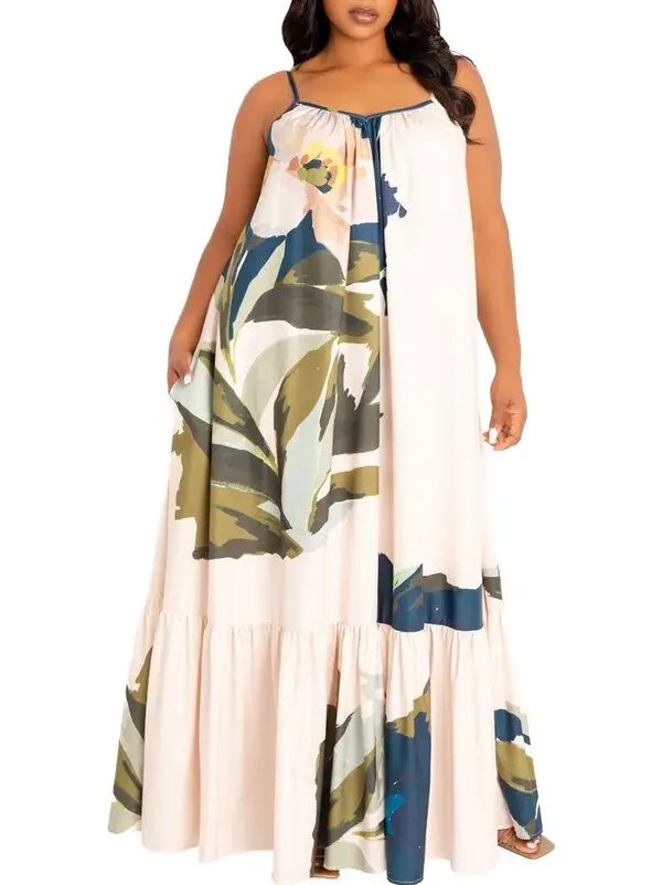 BUXOM COUTURE Floral Print Voluminous Maxi Dress - Beige Multi