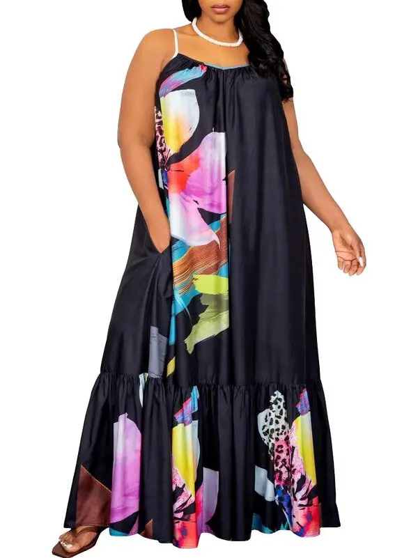 BUXOM COUTURE Floral Print Voluminous Maxi Dress - Black Multi