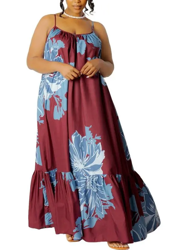 BUXOM COUTURE Floral Print Voluminous Maxi Dress - Brown Multi