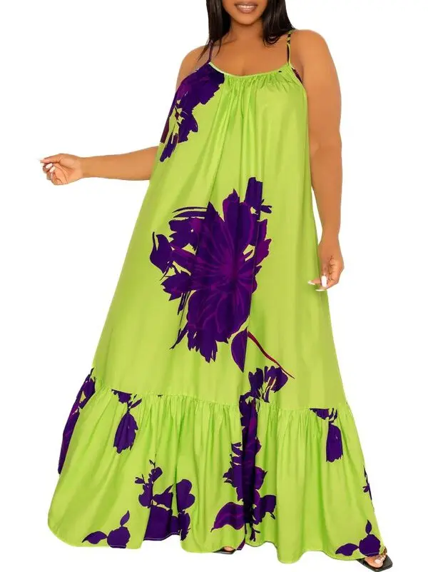 BUXOM COUTURE Floral Print Voluminous Maxi Dress - Lime Multi