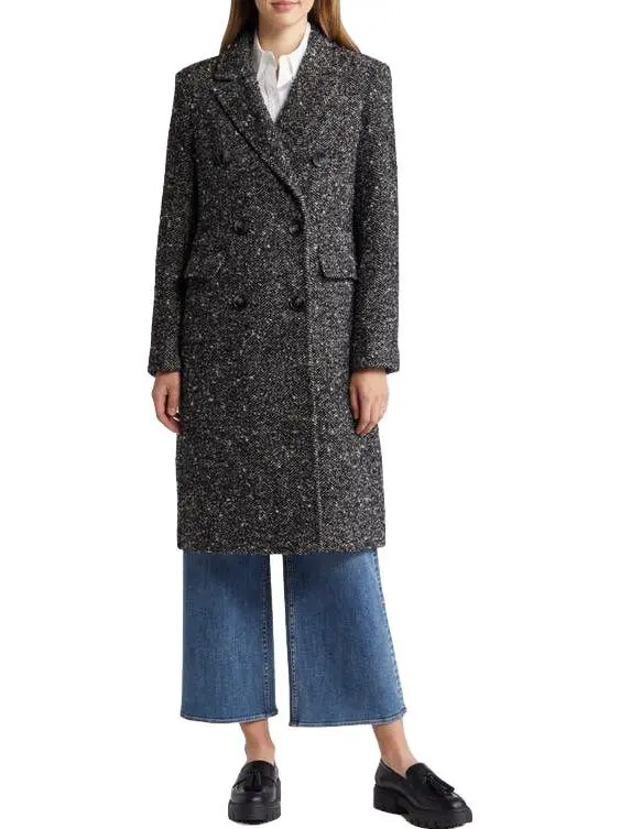 Sam Edelman Reefer Double Breasted Herringbone Tweed Coat - Black/whit
