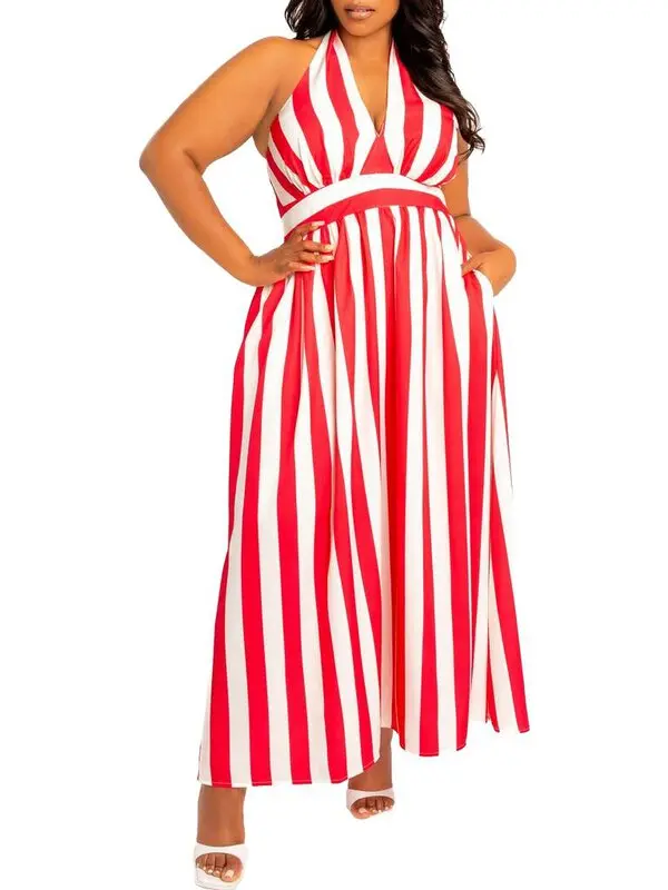BUXOM COUTURE Stripe Halter Maxi Dress - Red Stripe