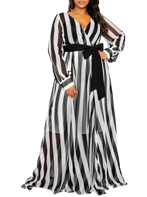 BUXOM COUTURE Stripe Semisheer Maxi Dress - Black White