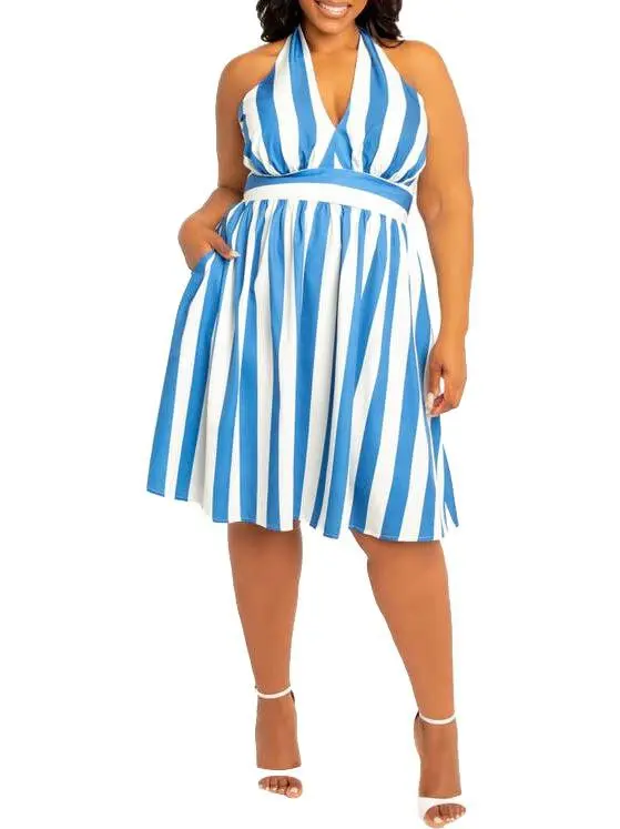 BUXOM COUTURE Stripe Halter Dress - Blue Stripe