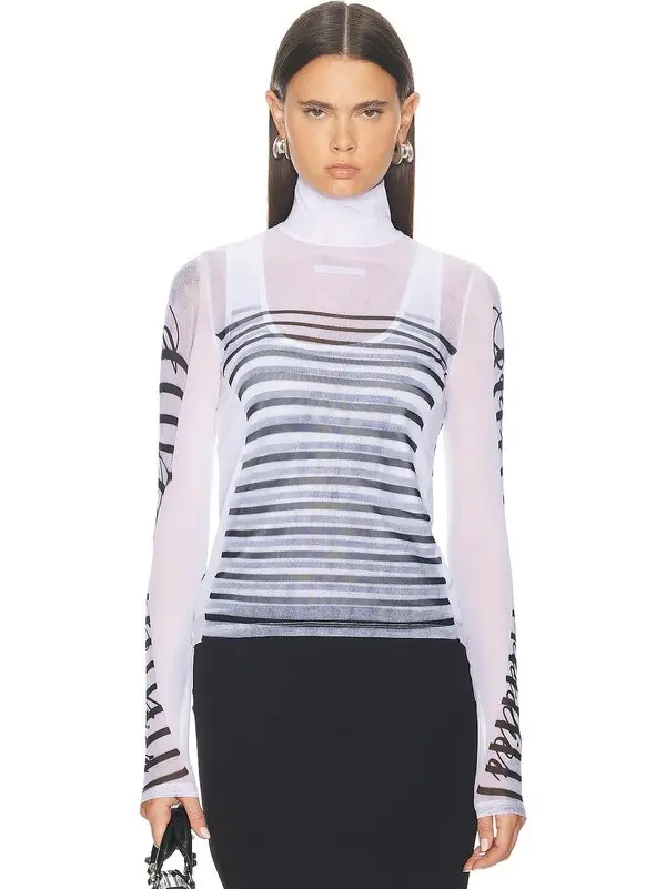 JEAN PAUL GAULTIER Feathers Mariniere Printed Mesh Long Sleeve Top - White  Navy  & Black