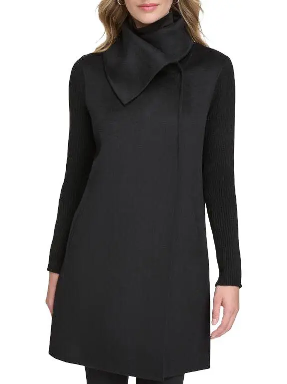 KENNETH COLE Rib Sleeve Mixed Media Coat - Black