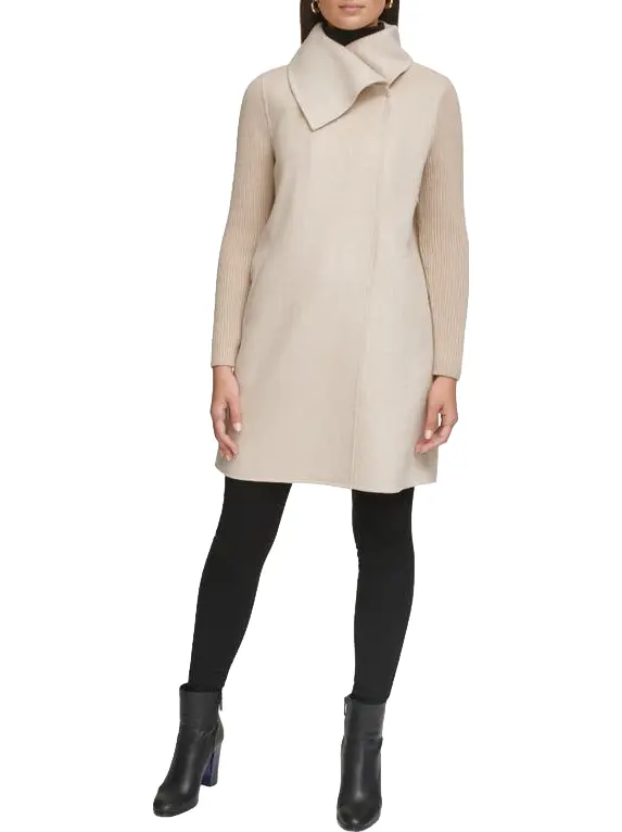 KENNETH COLE Rib Sleeve Mixed Media Coat - Oatmeal