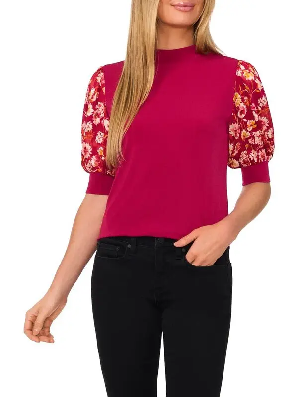 CECE DUPRAZ Floral Puff Sleeve Mock Neck Top - Deep Sangria