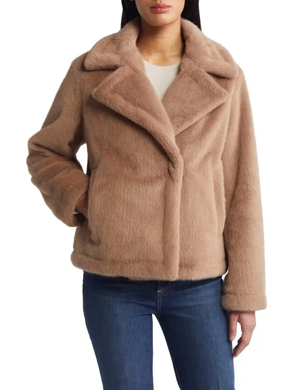 Sam Edelman Notched Lapel Faux Fur Jacket - Sepia Taupe
