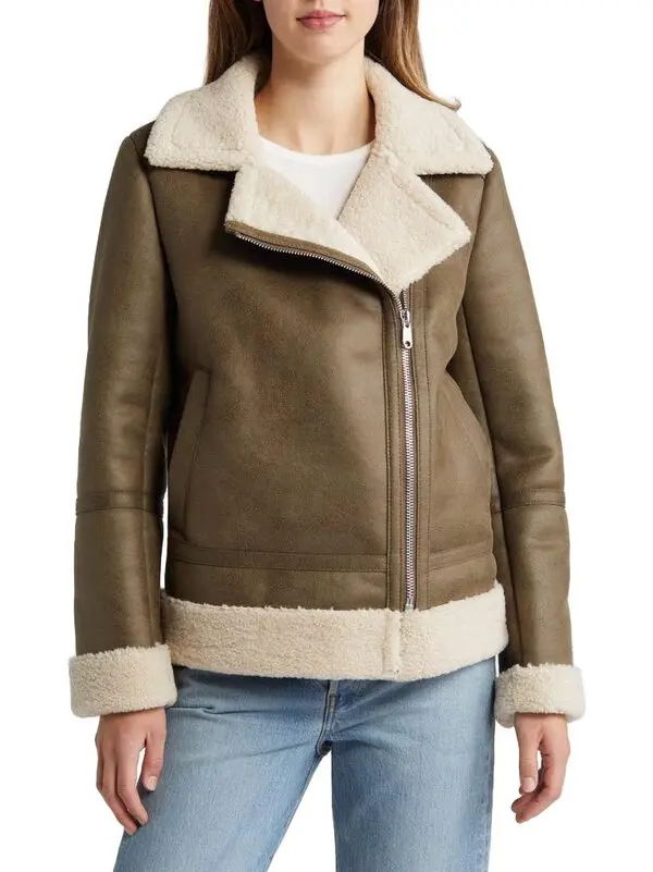 Sam Edelman Faux Leather & Faux Shearling Moto Jacket - Ivory/sage