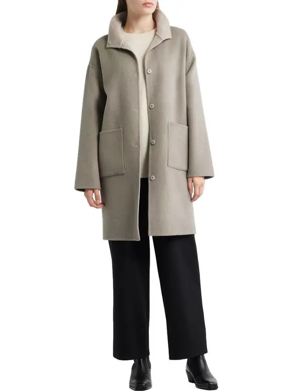 Eileen Fisher Stand Collar Reversible Wool And Cashmere Coat - Taupe