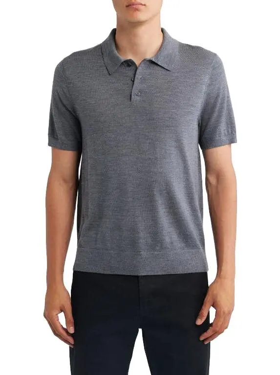 Vince Short Sleeve Merino Wool Polo Sweater - Medium Heather Grey