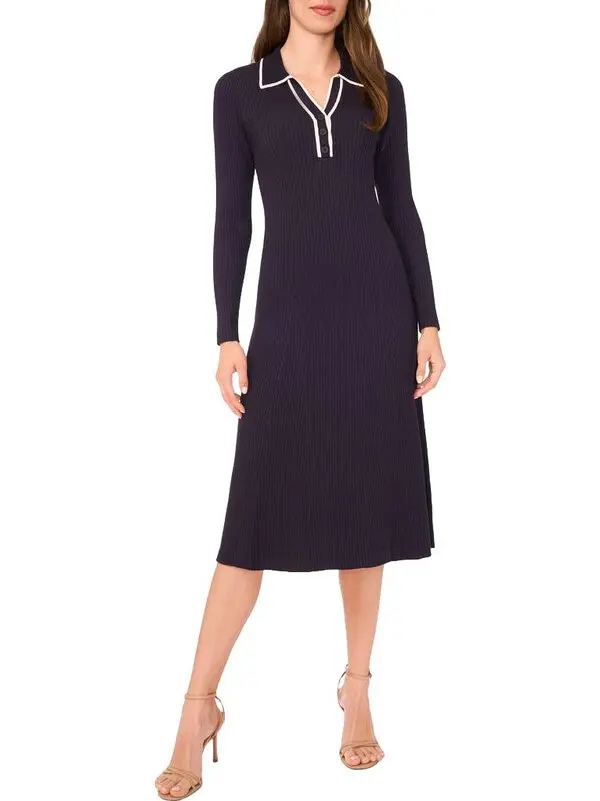 Halogen Contrast Trim Long Sleeve Sweater Dress - Navy Depths