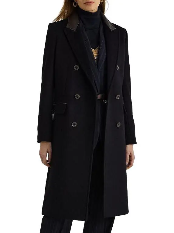 Ralph Lauren Faux-leather Trimmed Double-breasted Wool-blend Reefer Coat - Regal Navy