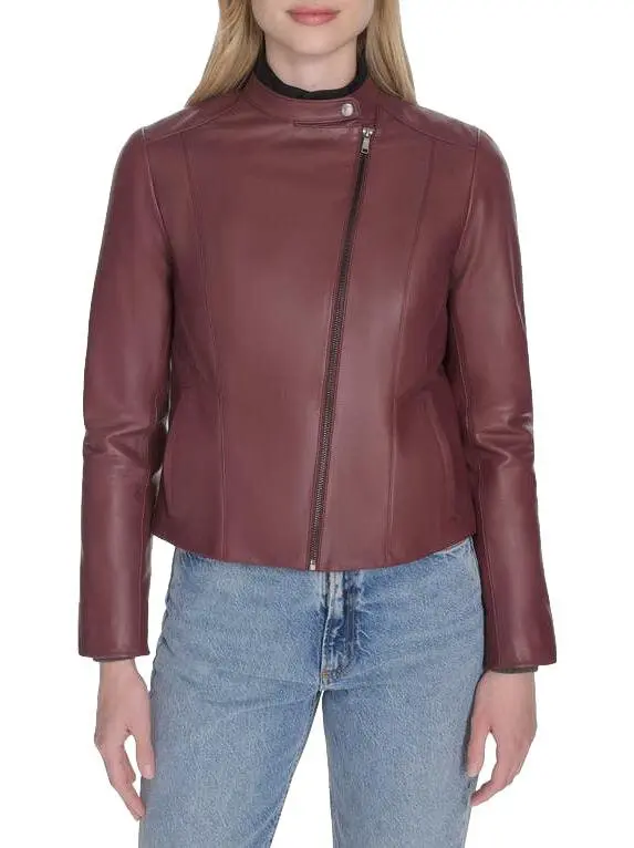 Cole Haan Band Collar Leather Moto Jacket - Burgundy