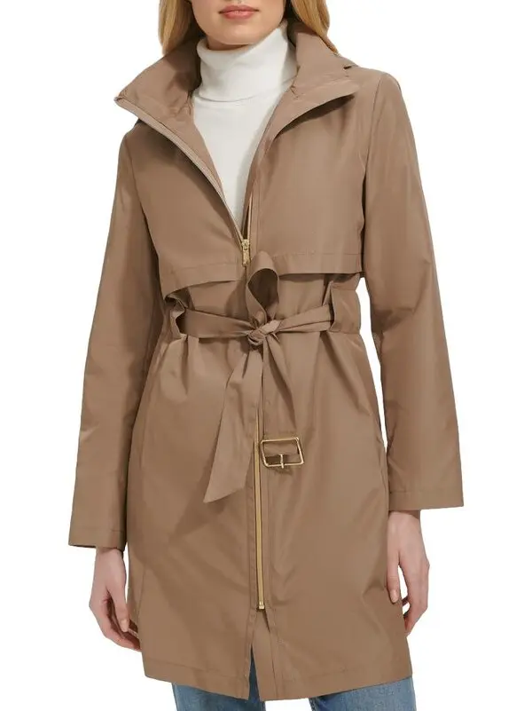 Cole Haan Belted Packable Hooded Rain Jacket - Champagne
