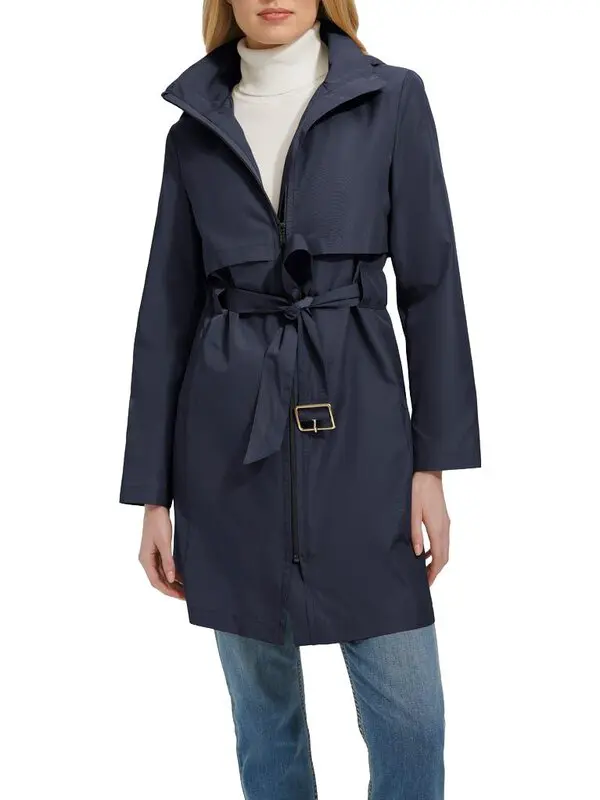 Cole Haan Belted Packable Hooded Rain Jacket - Indigo