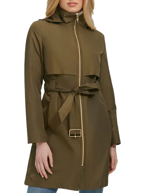 Cole Haan Belted Packable Hooded Rain Jacket - Olive