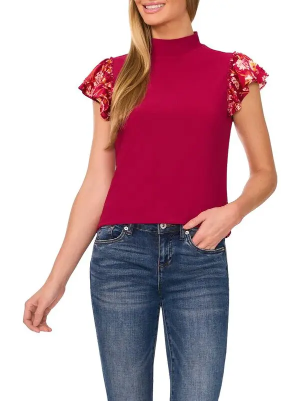 CECE DUPRAZ Floral Print Ruffle Sleeve Top - Deep Sangria Burgundy