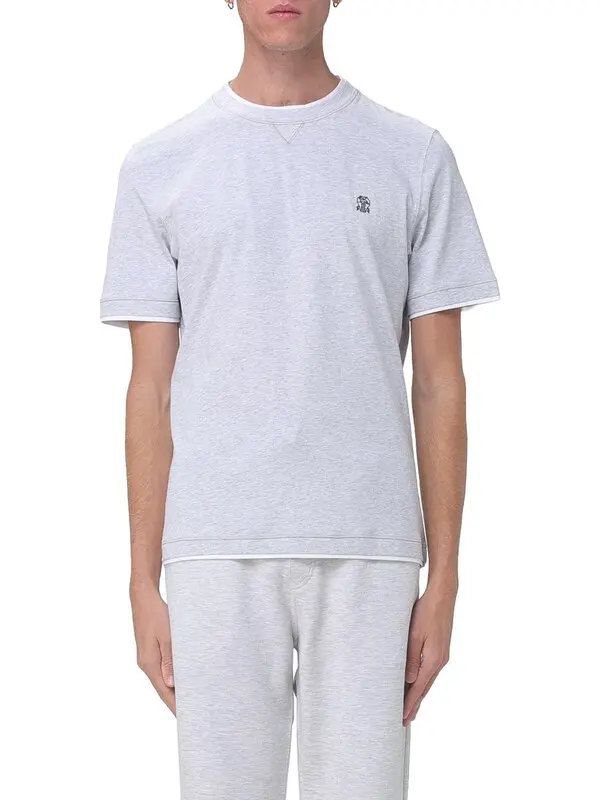 Brunello Cucinelli Slim Fit Cotton T-shirt With Contrast Logo And Trims - Grey