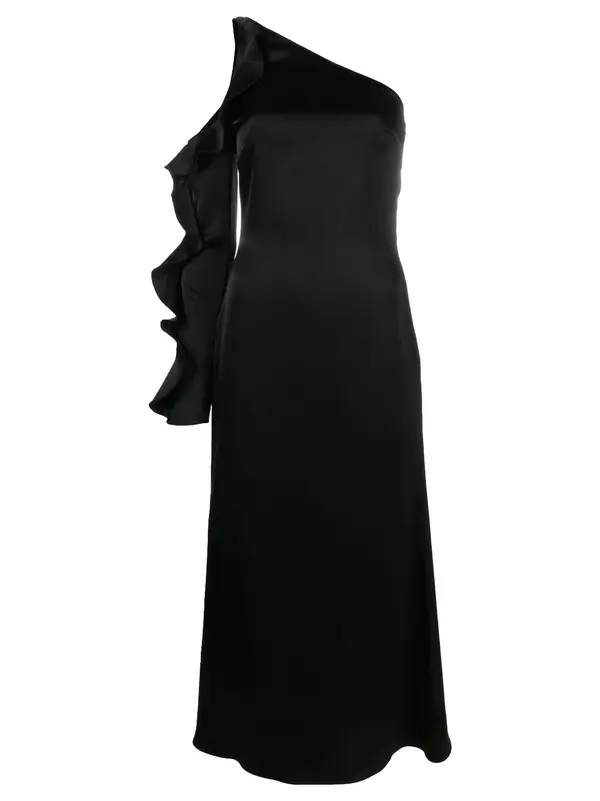 David Koma Ruffle Detail One Shoulder Midi Dress - Black