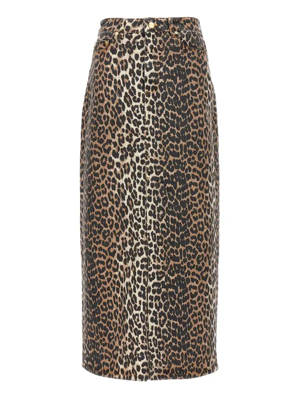 GANNI Animal Print Denim Long Skirt - Brown