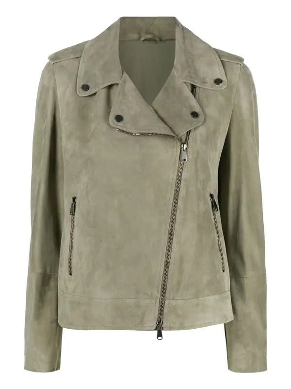 Brunello Cucinelli Suede Leather Biker Jacket - Green