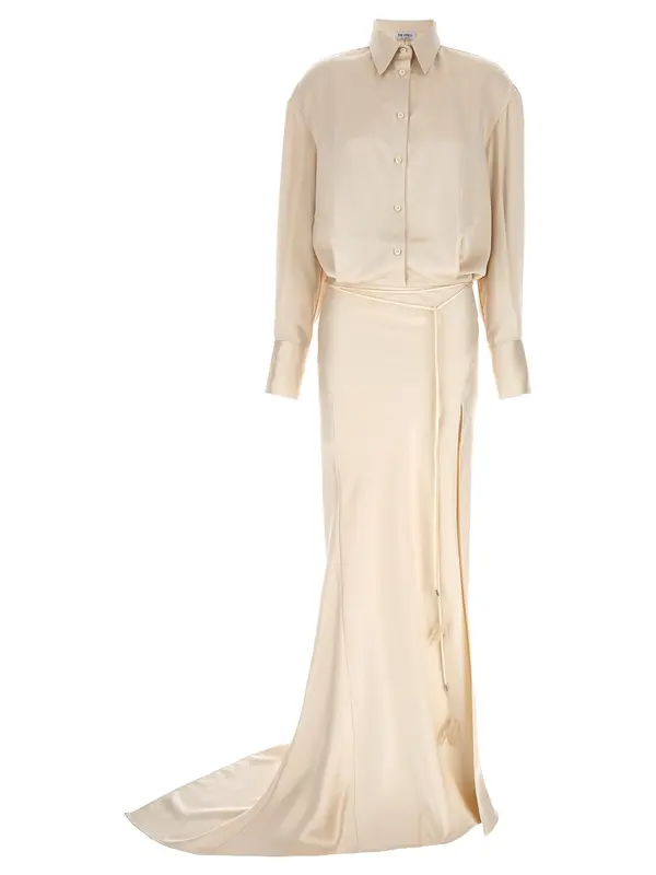 Attico Long Satin Chemisier Dress - White