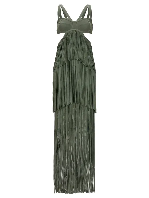 Herve Leger Strappy Tiered Fringe Dress - Green