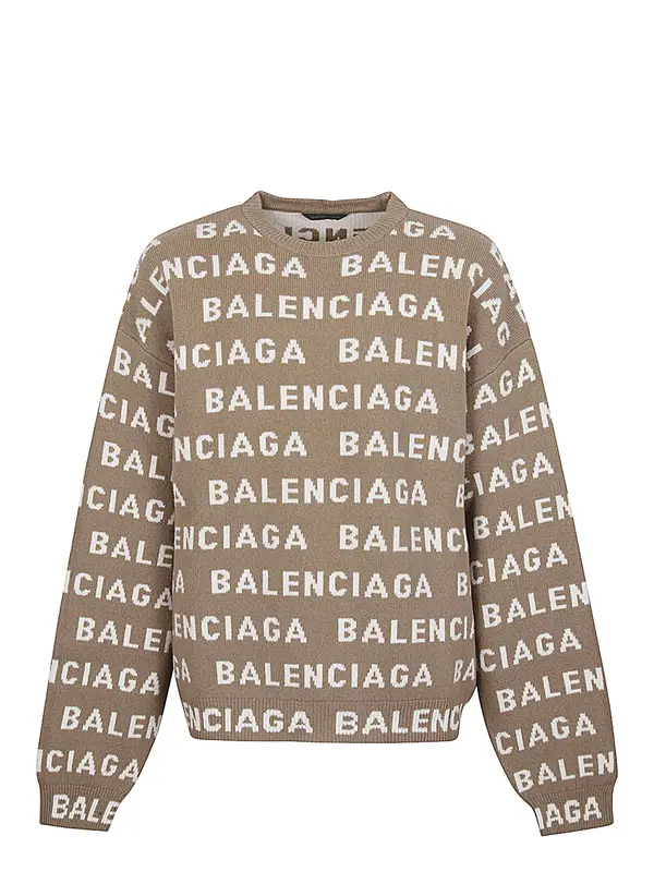 Balenciaga Allover Logo Crewneck Sweater - Beige