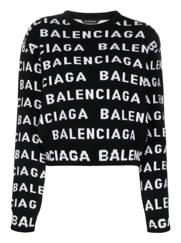 Balenciaga Allover Logo Wool Cropped Sweater - Black