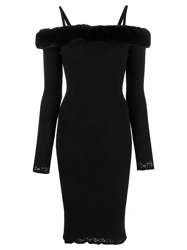 Blumarine Faux Fur Neck Midi Dress - Black