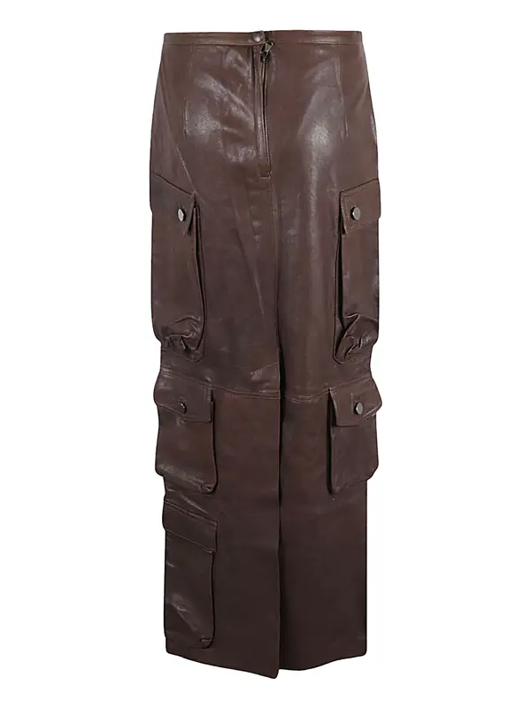 FERMAS.CLUB Leather Cargo Long Skirt - Brown