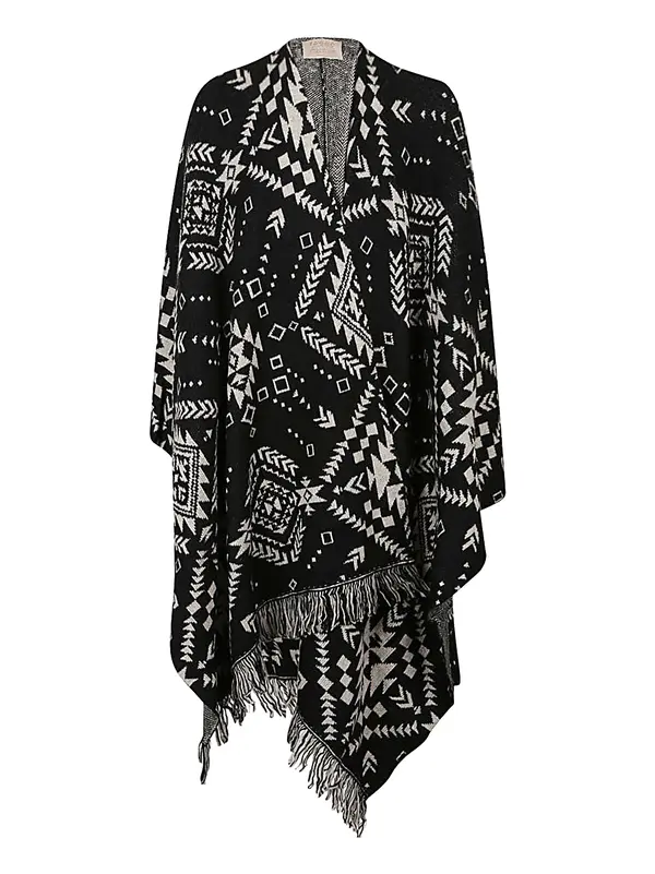 TOOCO Ethnic Print Jacquard Cardigan - Black