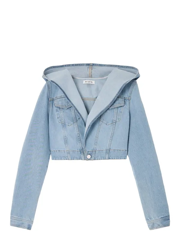 Alaïa Cropped Denim Jacket With Hood - Blue