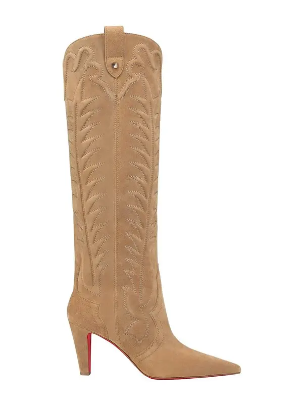 CHRISTIAN LOUBOUTIN 85mm Santia Suede Knee-high Western Boots - Beige