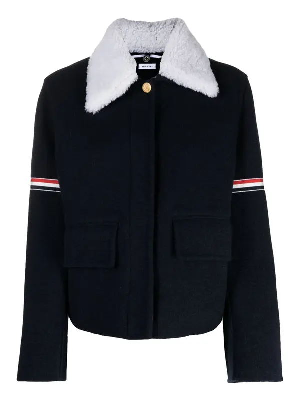 Thom Browne Rwb-striped Shearling-collar Jacket - Blue