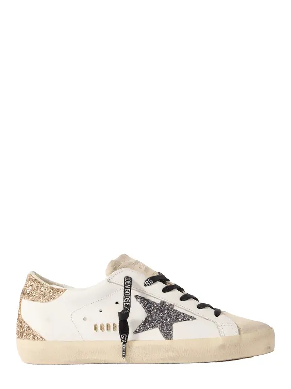 GOLDEN GOOSE Super-star Distressed Glittered Leather Sneakers - White
